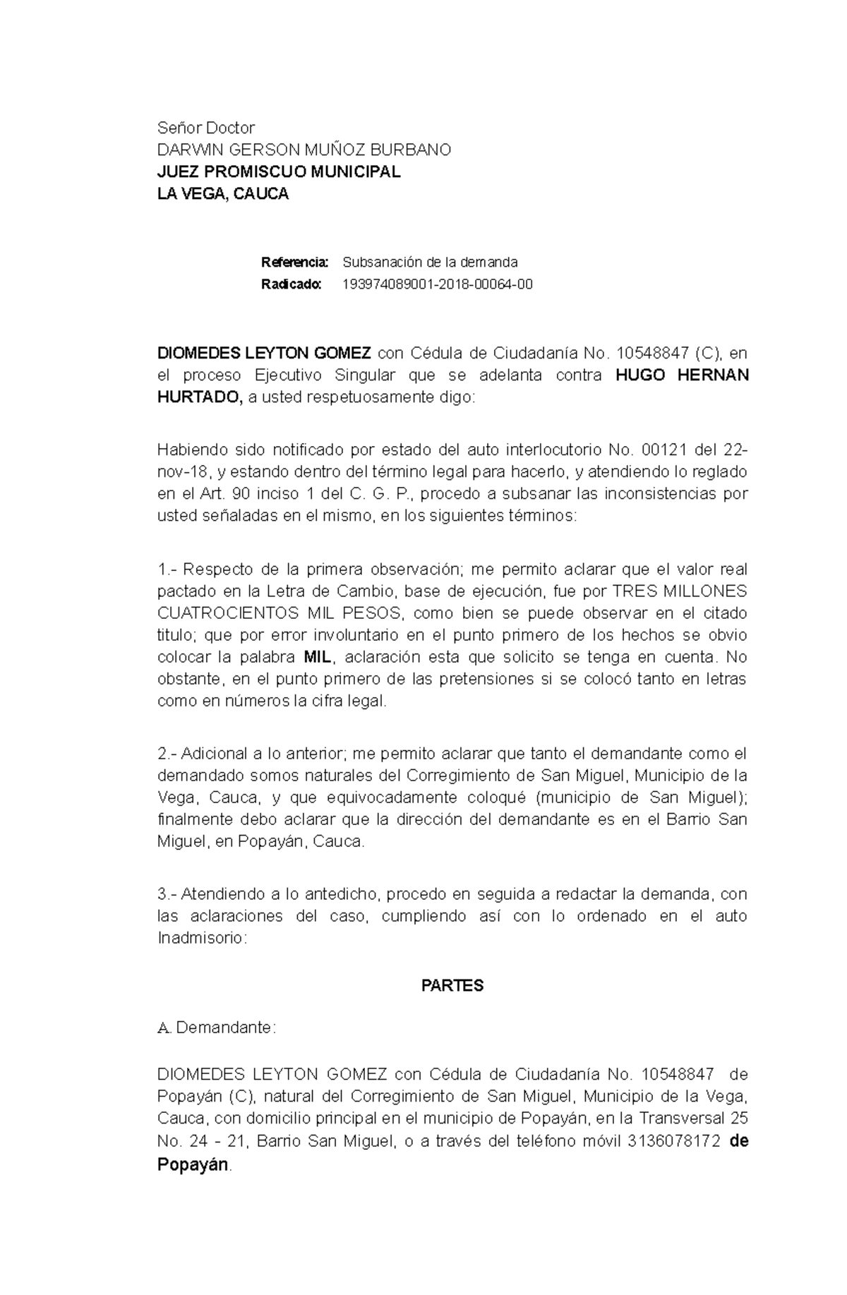 Subsana DDA EJEC Diomedes Leyton VS HUGO Hernan Hurtado -letra $3 - Señor Doctor DARWIN GERSON ...