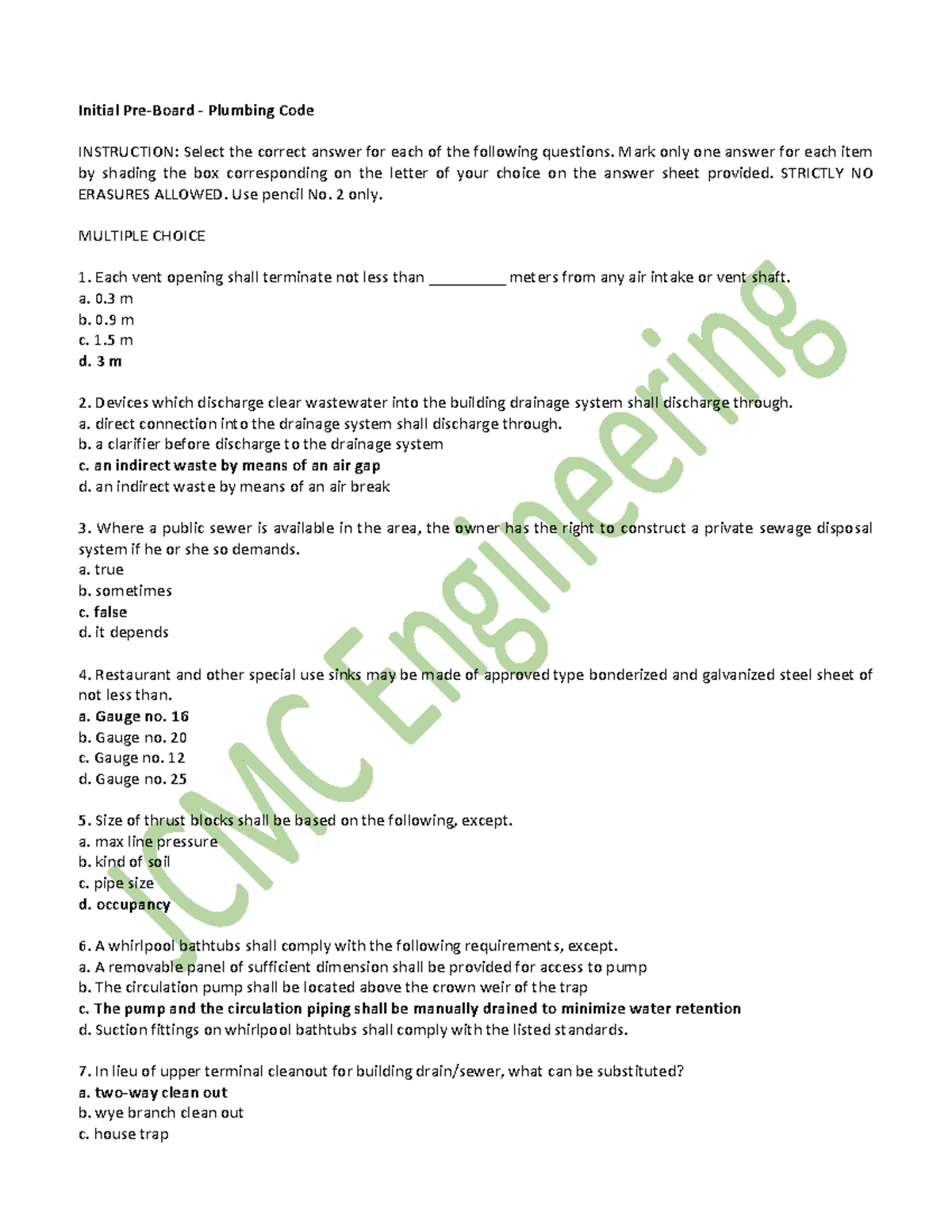 Initial Pre-Board - Plumbing Code Answers Key - Initial Pre-Board - Plumbing Code INSTRUCTION ...