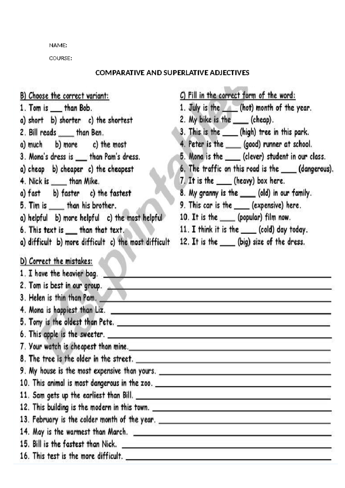 Comparative AND Superlative Adjective Homework - English B SL - NAME ...