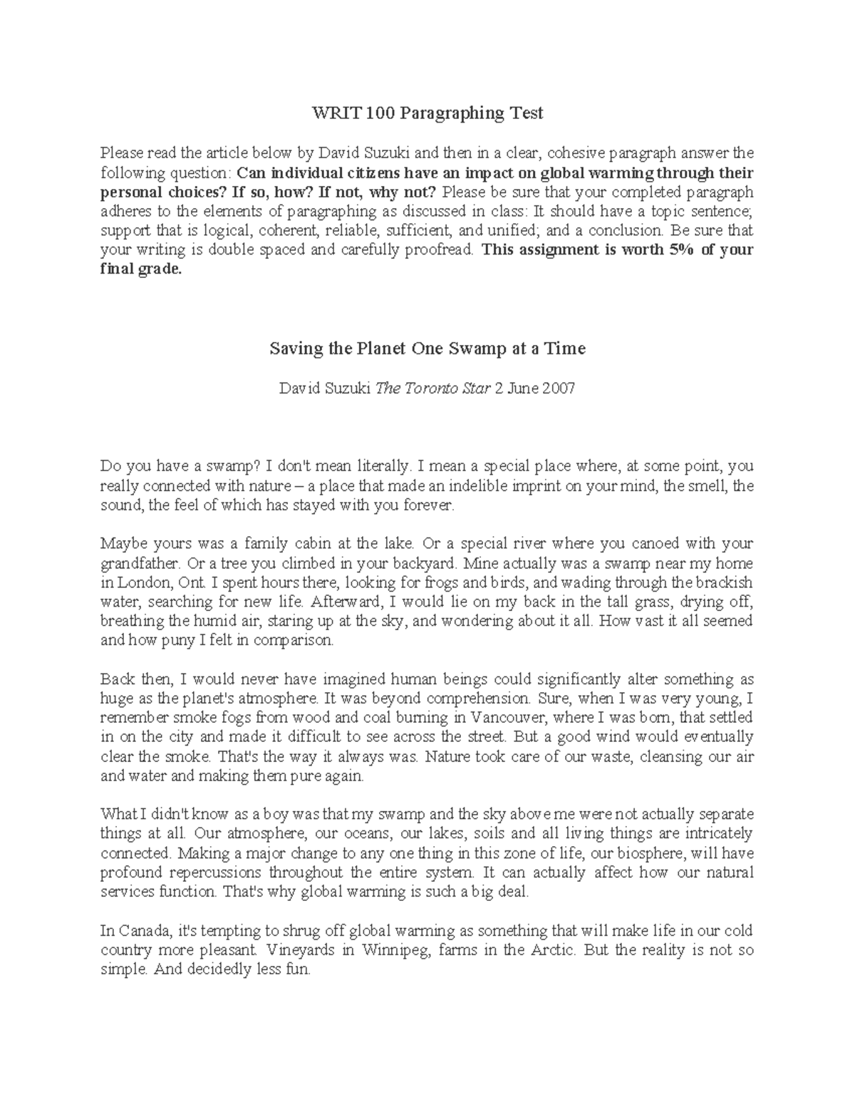 WRIT 100 Paragraphing Test - WRIT 100 Paragraphing Test Please read the ...