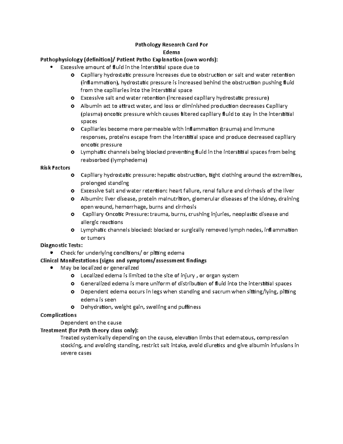 Patho cards unit 1 - Pathology Research Card For Edema Pathophysiology ...