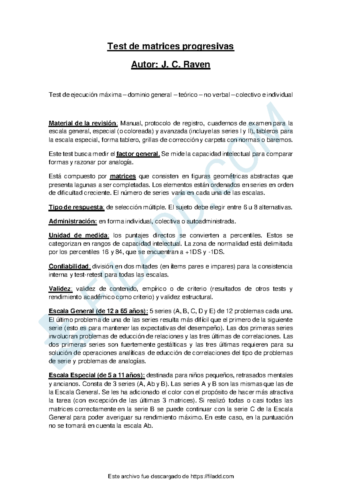 Resumen Funda Parcial - Test de matrices progresivas Autor: J. C. Raven ...