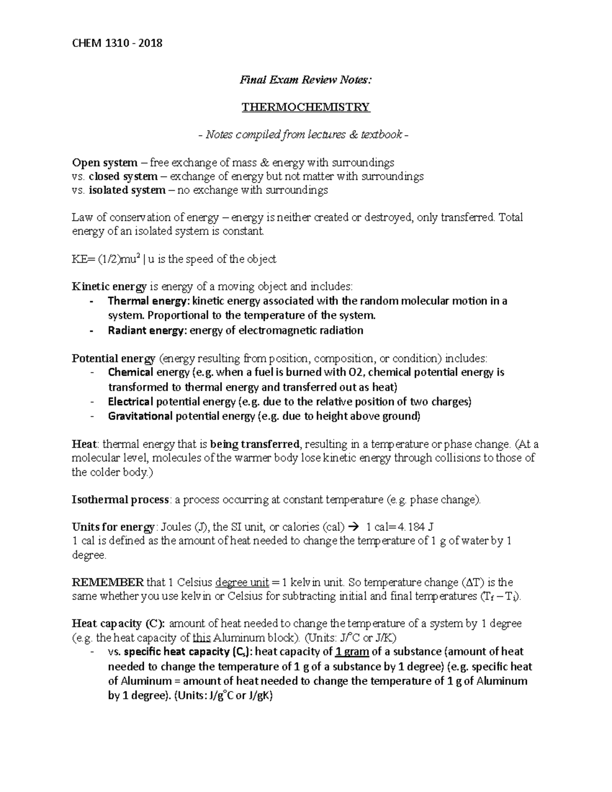 Thermo Final Review Notes Chem 1310 - CHEM 1310 - 2018 Final Exam ...