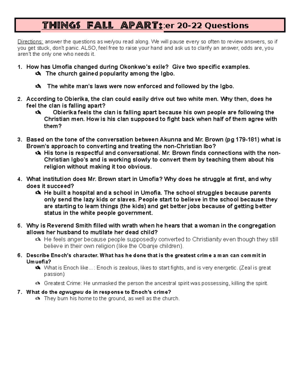 TFA Reading Chapters 20-22 - Things Fall Apart: Chapter 20-22 Questions ...