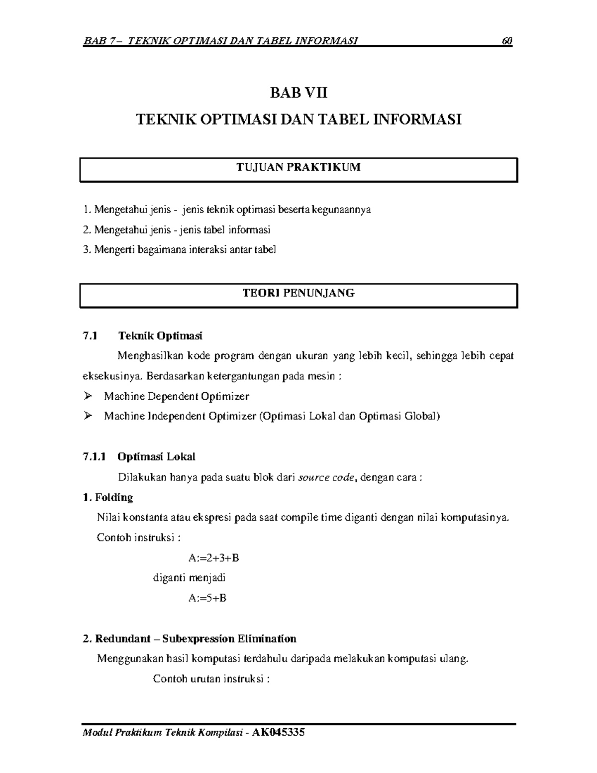 BAB VII - Teknik Optimasi dan Tabel Informasi - BAB VII TEKNIK OPTIMASI ...