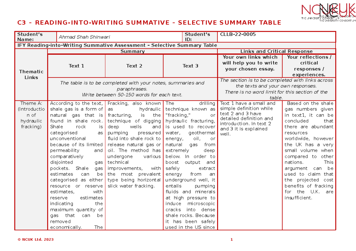 Reading-into-Writing (Summative) Selective Summary Table - C3 – READING ...