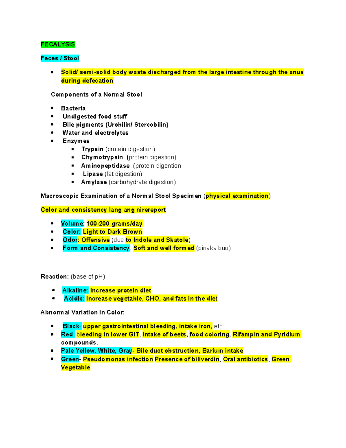 Nursing Fecalysis Reviewer Lecture - FECALYSIS Feces / Stool Solid ...