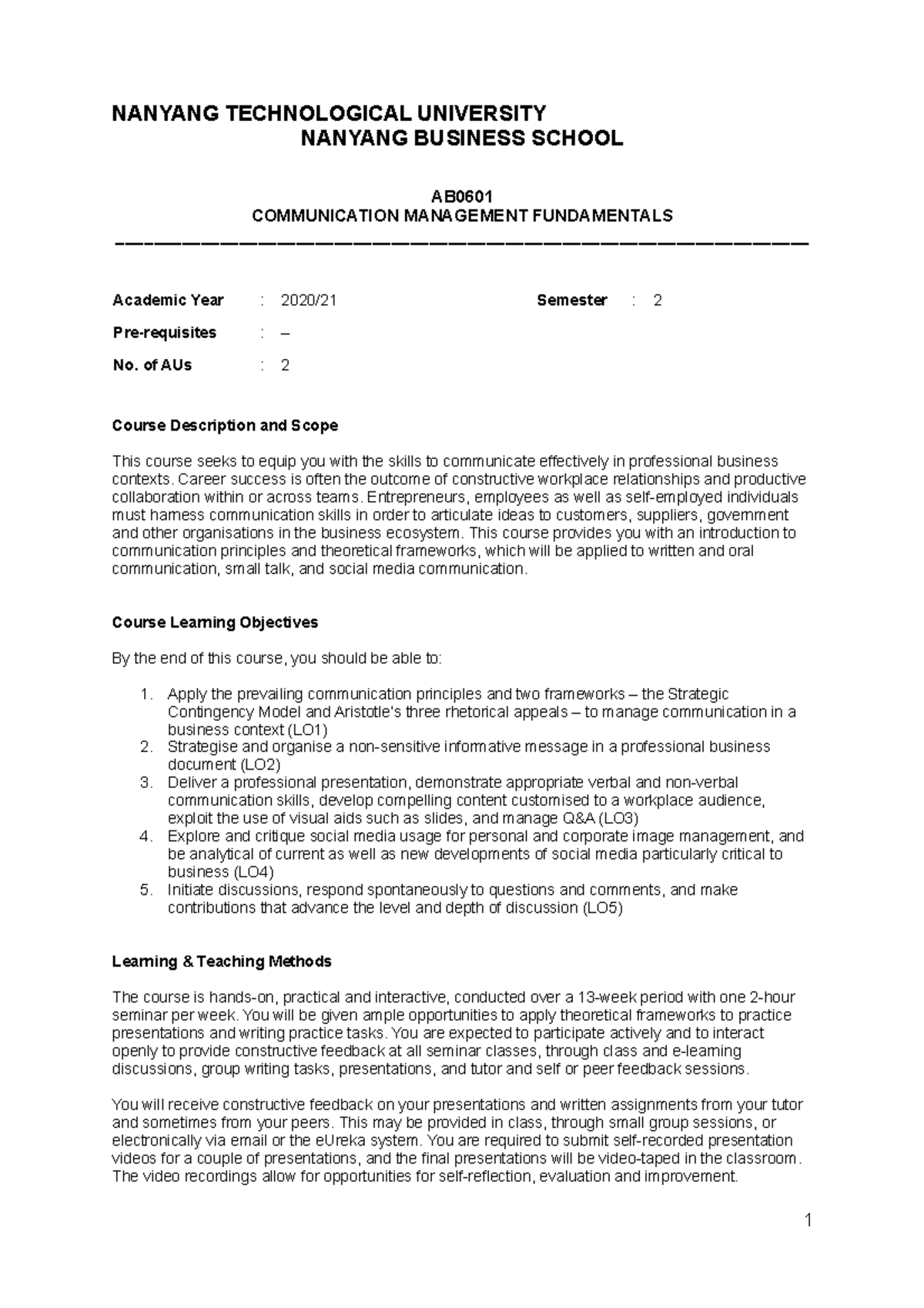 Course Outline AB0601 - NANYANG TECHNOLOGICAL UNIVERSITY NANYANG ...