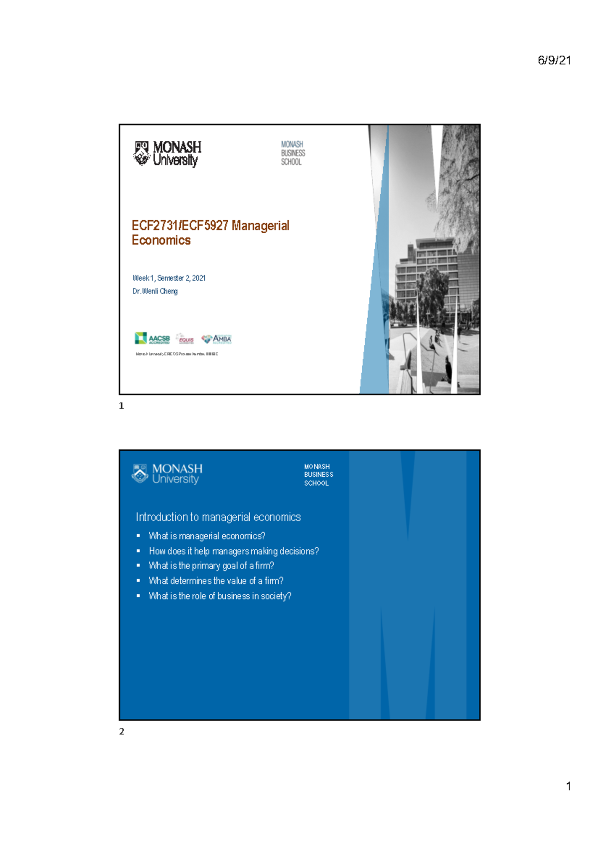 Week 1 Introduction to managerial economics - ECF2731/ECF5927 ...