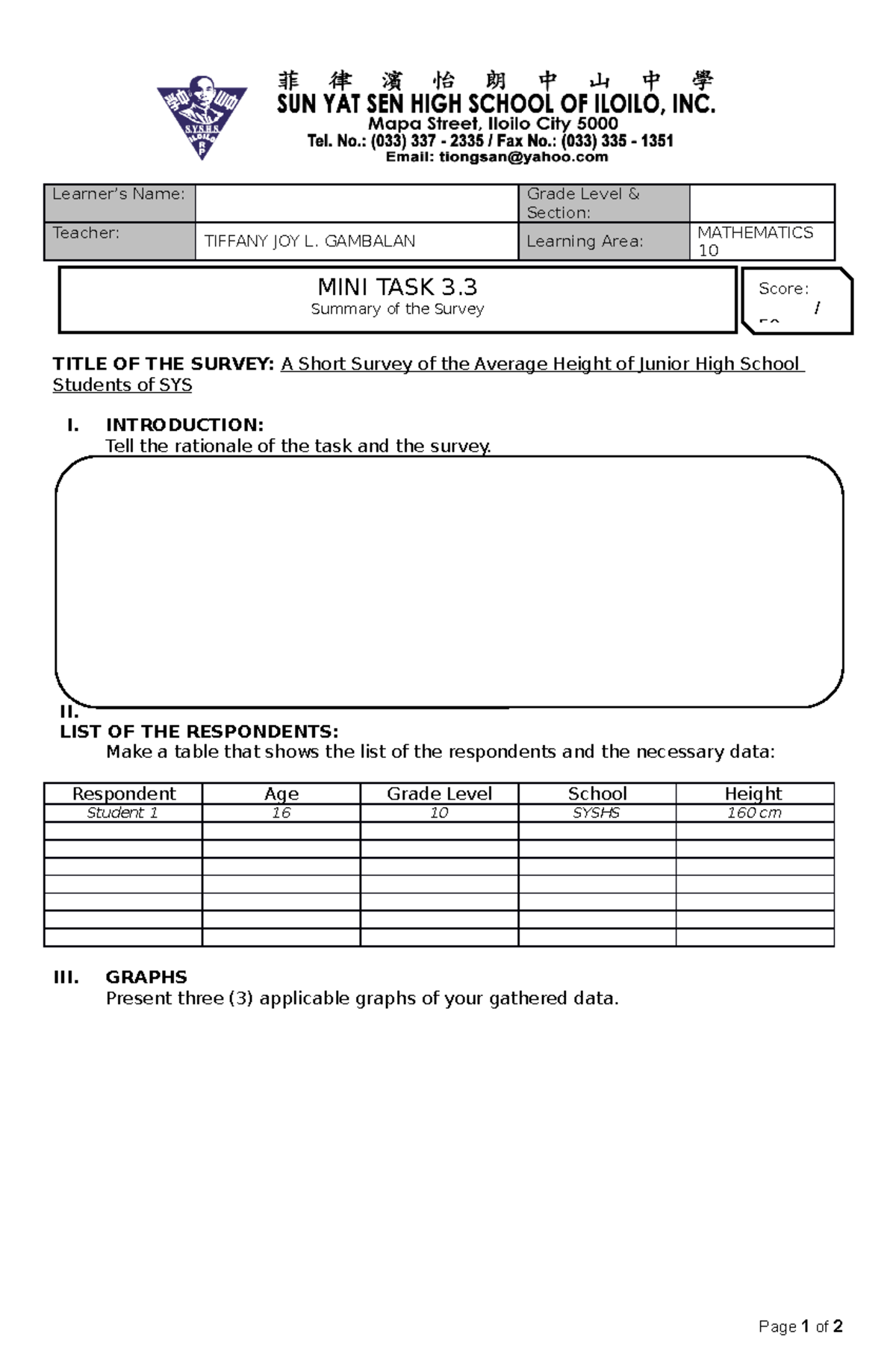Mini Task 3 Math10 _aaaa - Learner’s Name: Grade Level & Section ...