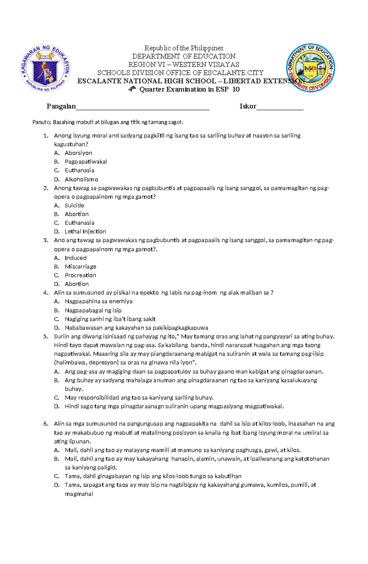 Esp10 4th quarter exam - Exam paper - Republic of the Philippines ...