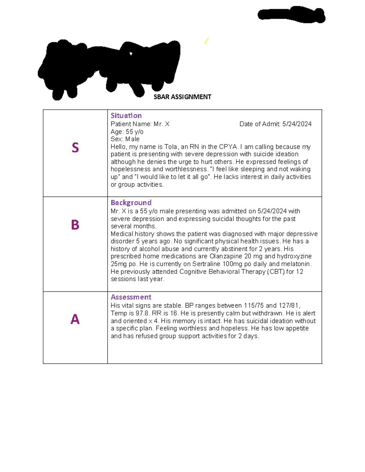SBAR BH - Clinical assignment - AKINTUNDE ADETOLA SBAR ASSIGNMENT S ...
