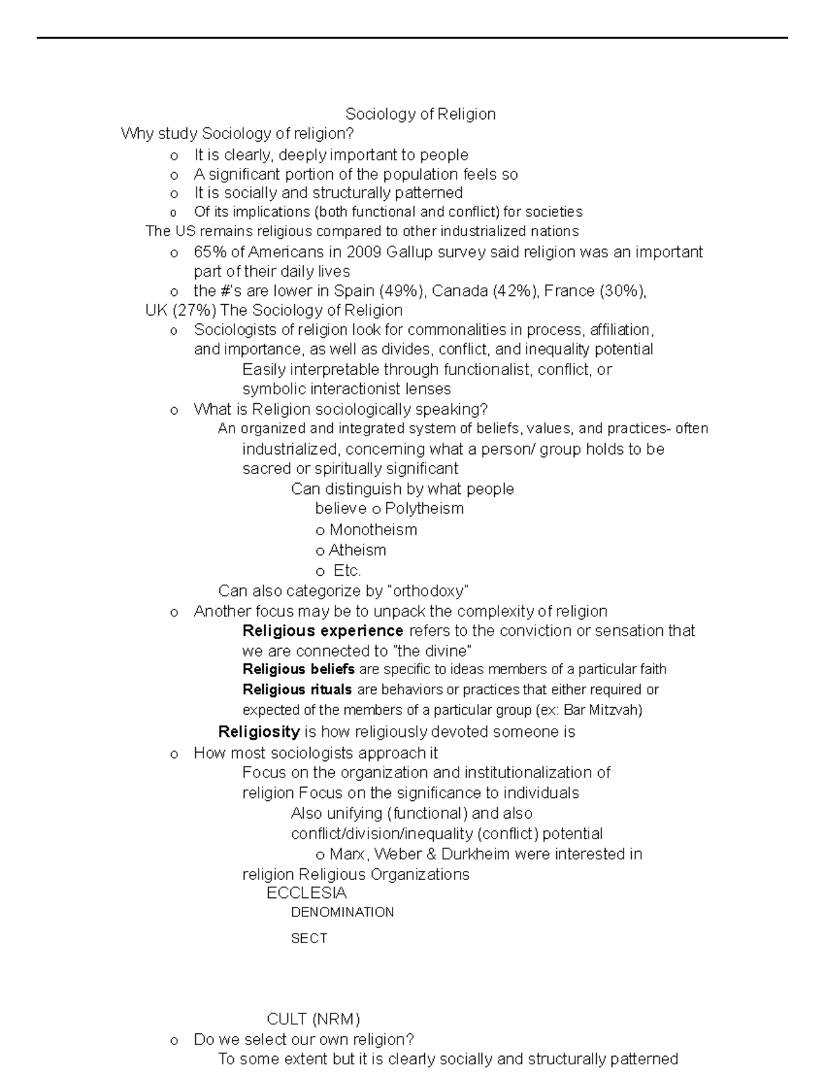 Sociology of Religion - Can also categorize by “orthodoxy” o Another ...