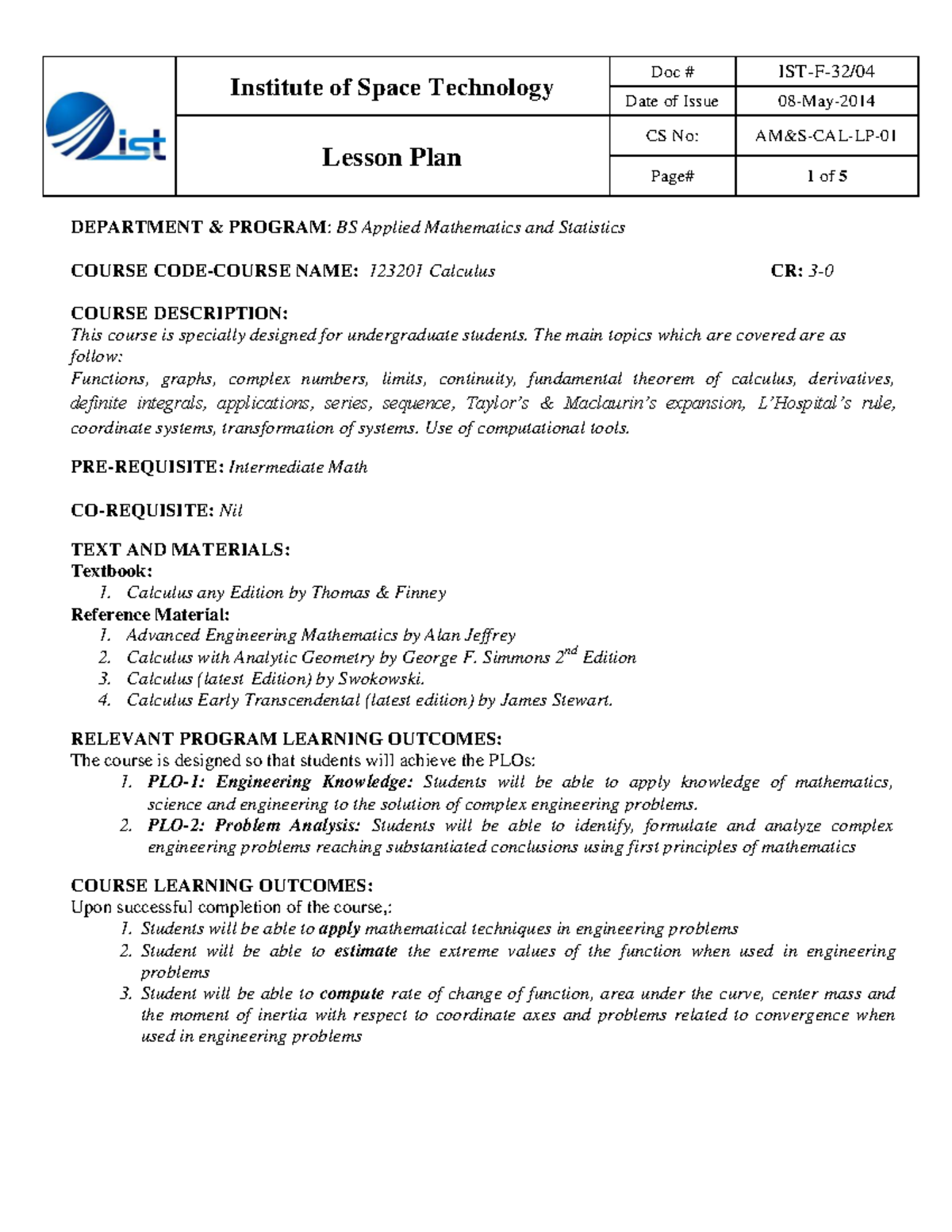 Lesson Plan Calculus-I 2019 - Institute of Space Technology Date of ...
