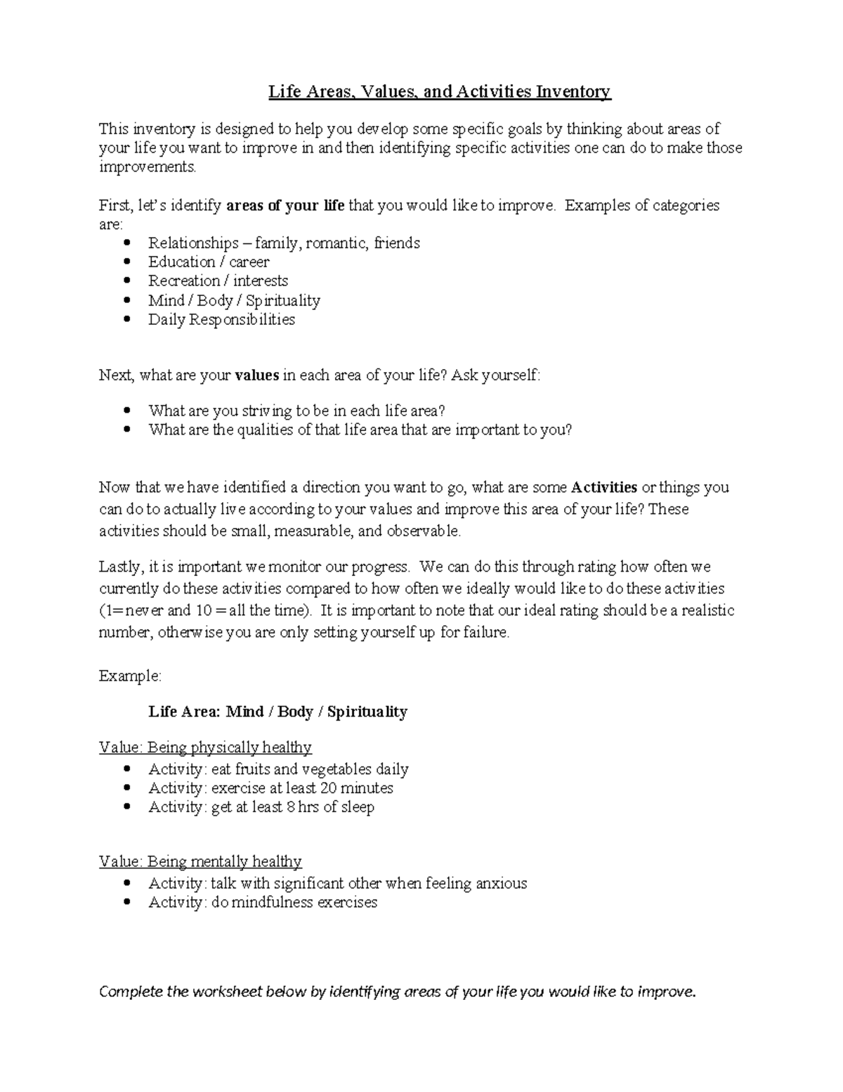 Goal Setting Inventory - Life Areas, Values, and Activities Inventory ...