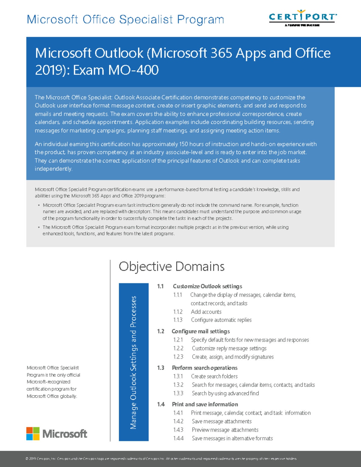 MOS OD Outlook Associate 1220 - © 2019 Certiport, Inc. Certiport and ...