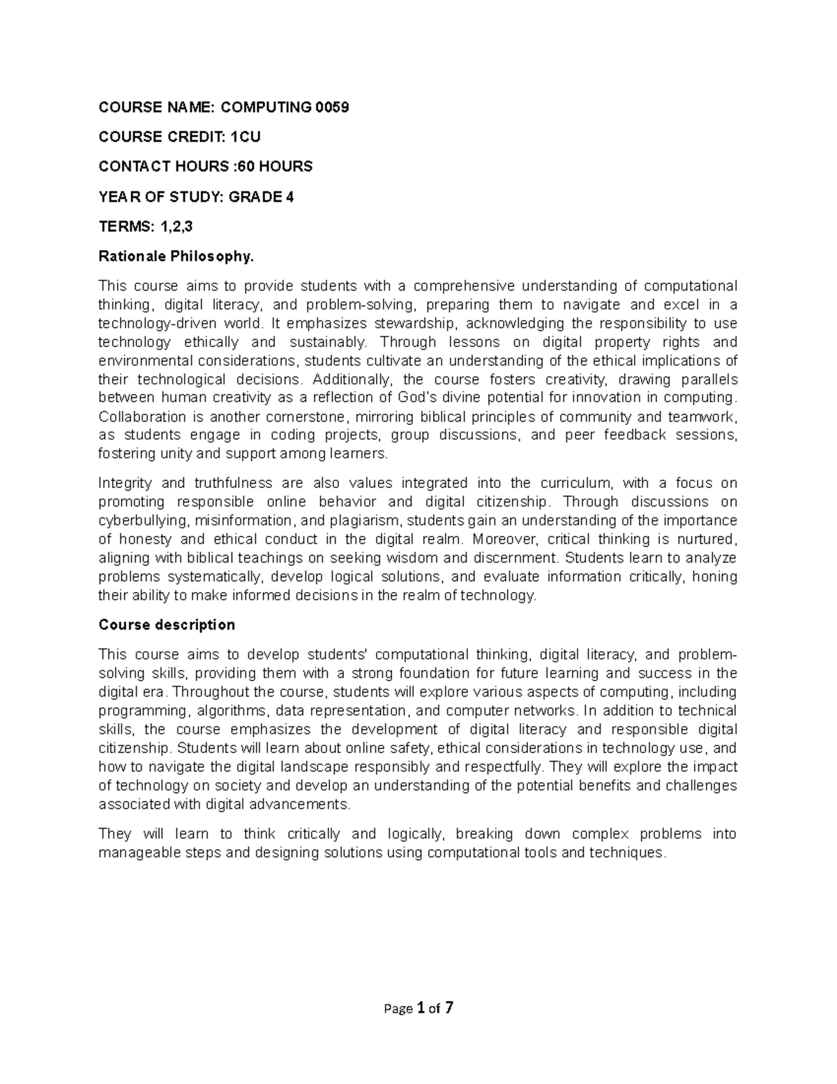 Course description G4 - COURSE NAME: COMPUTING 0059 COURSE CREDIT: 1CU ...