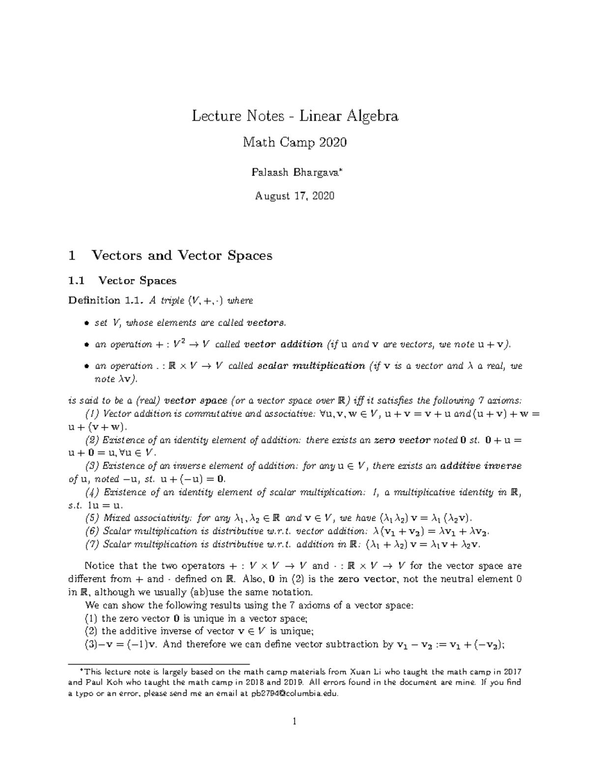 Linear Algebra Lecture Notes Linear Algebra Math Camp 2020 Palaash Bhargava∗ August 17 2020