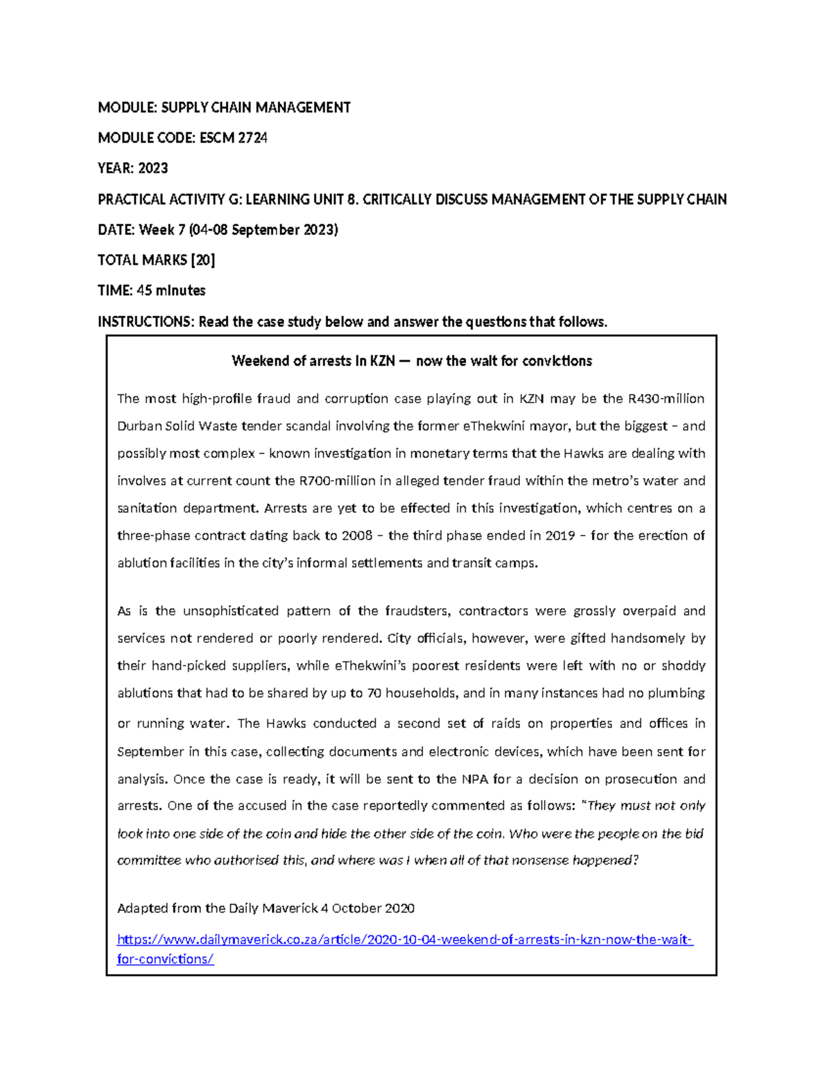 Practical Activity G - MODULE: SUPPLY CHAIN MANAGEMENT MODULE CODE: ESCM 2724 YEAR: 2023 ...