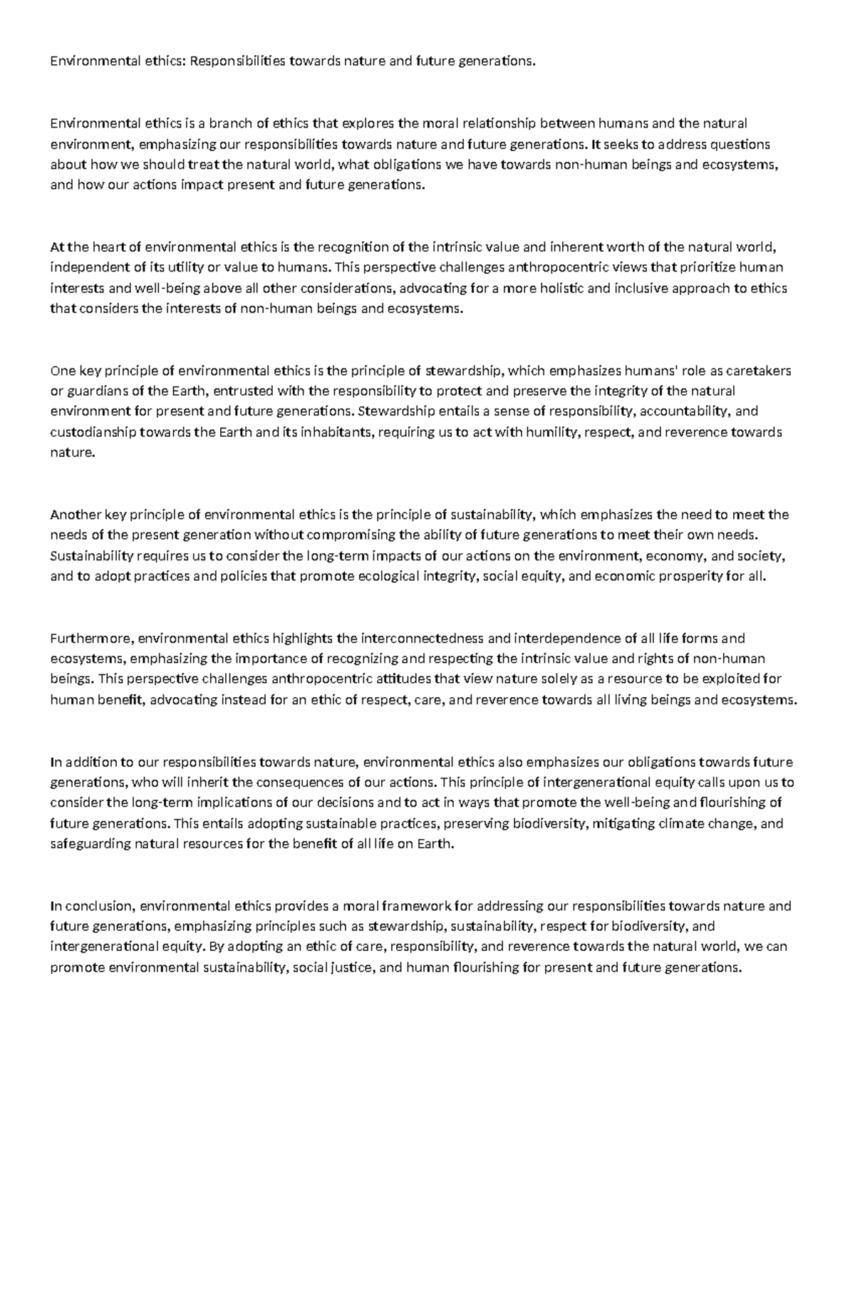 Environmental ethics - essay - Environmental ethics: Responsibilities ...