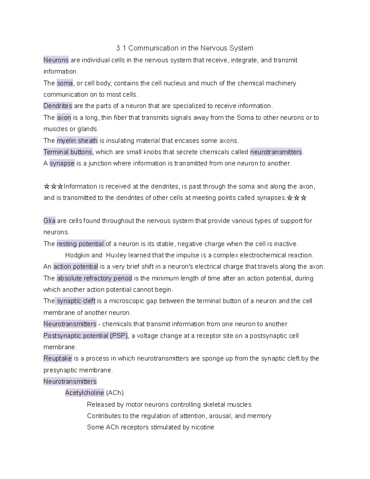 Chapter 3 Notes Psych 100 - 3 Communication in the Nervous System ...