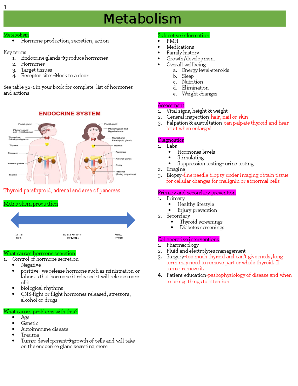 Overview of metabolism day 1 - 1 Metabolism Metabolism Hormone ...