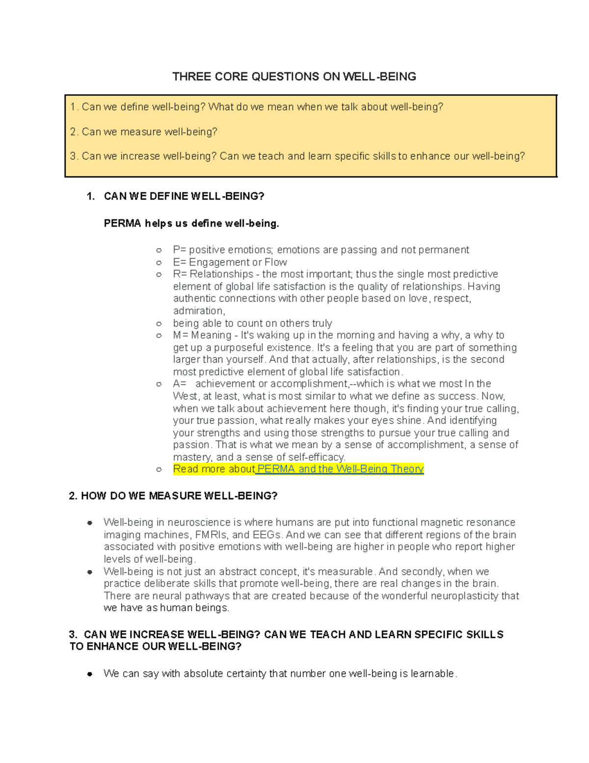 Three Core Questions - DEFINING WELL-BEING - THREE CORE QUESTIONS ON ...