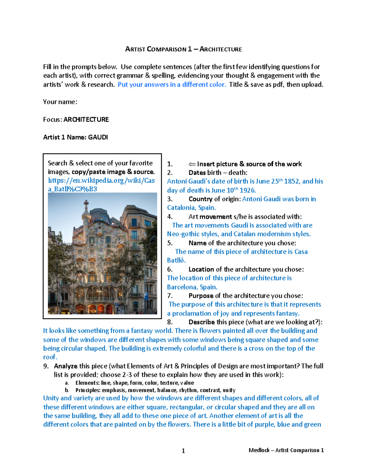 Art comparison 1 - ARTIST COMPARISON 1 – ARCHITECTURE Fill in the ...