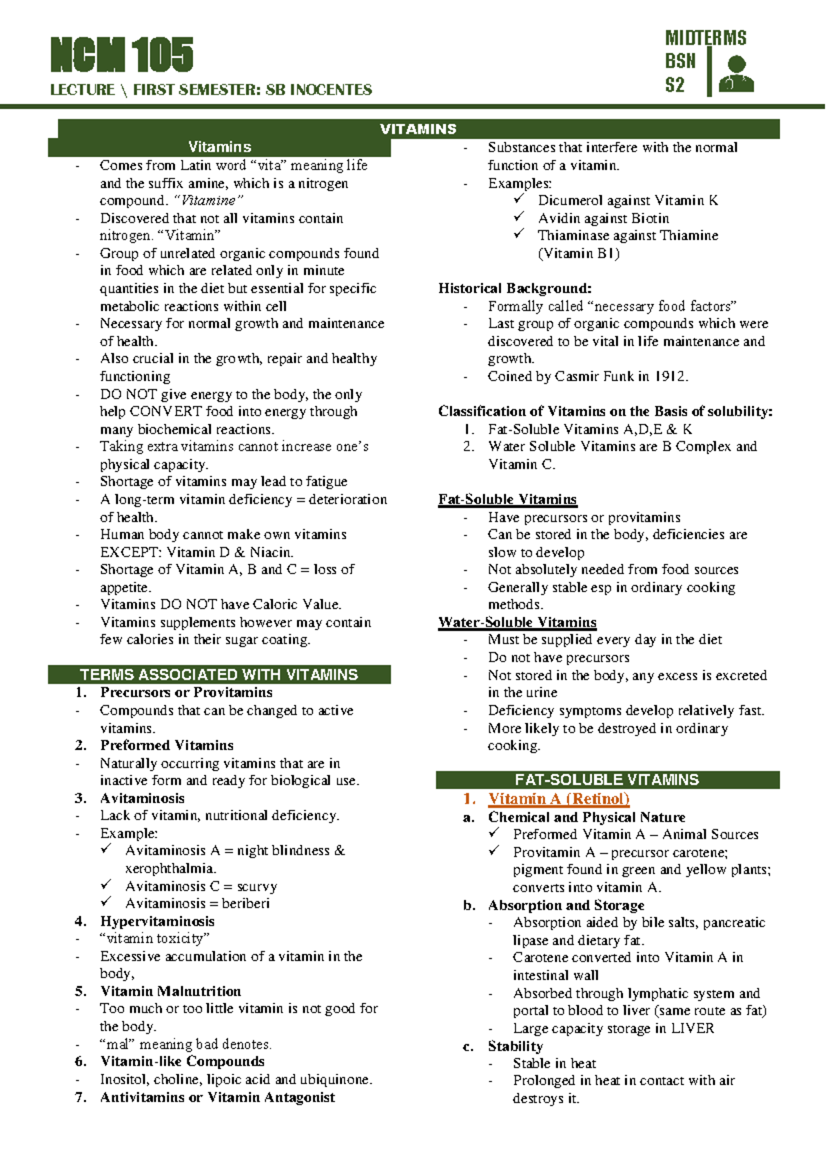 Nutri- Vitamins - NCM 105 - NCM 105 LECTURE \ FIRST SEMESTER: SB ...