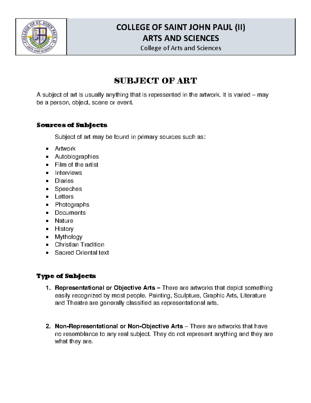 Week 7-8 - ARTS AND SCIENCES College of Arts and Sciences SUBJECT OF ...