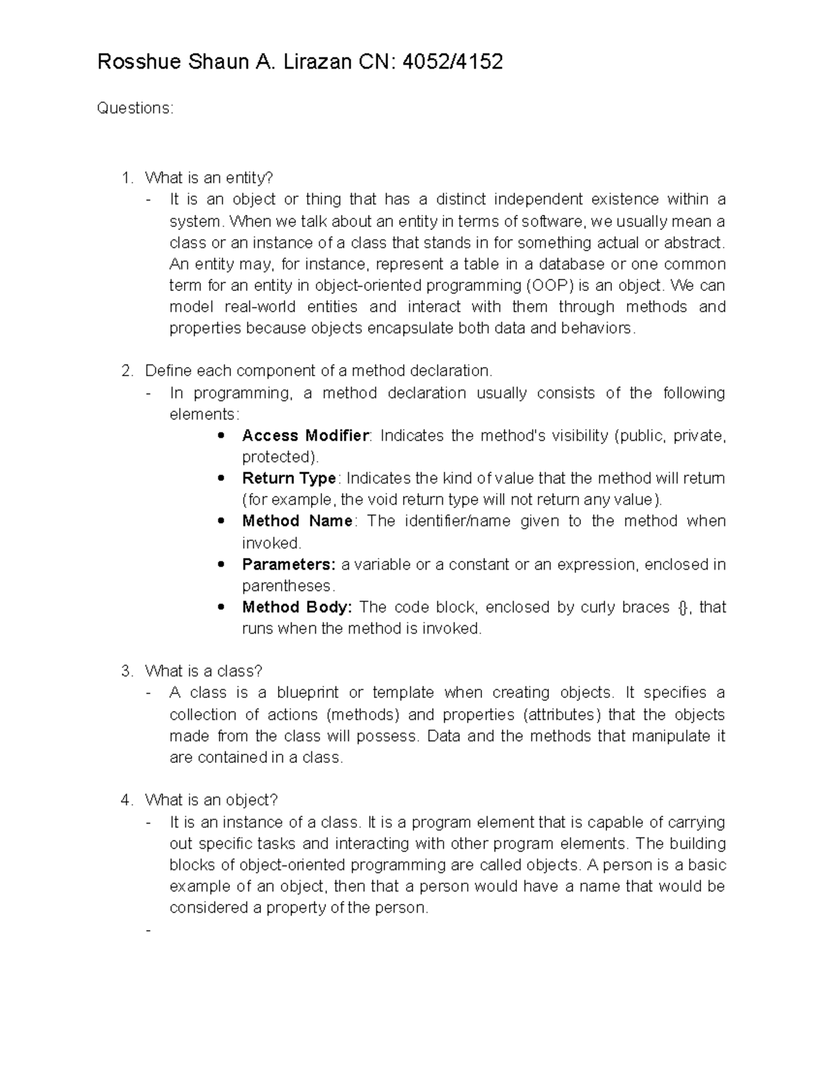 Lirazan Assignment 1 OOP - Rosshue Shaun A. Lirazan CN: 4052/ Questions ...