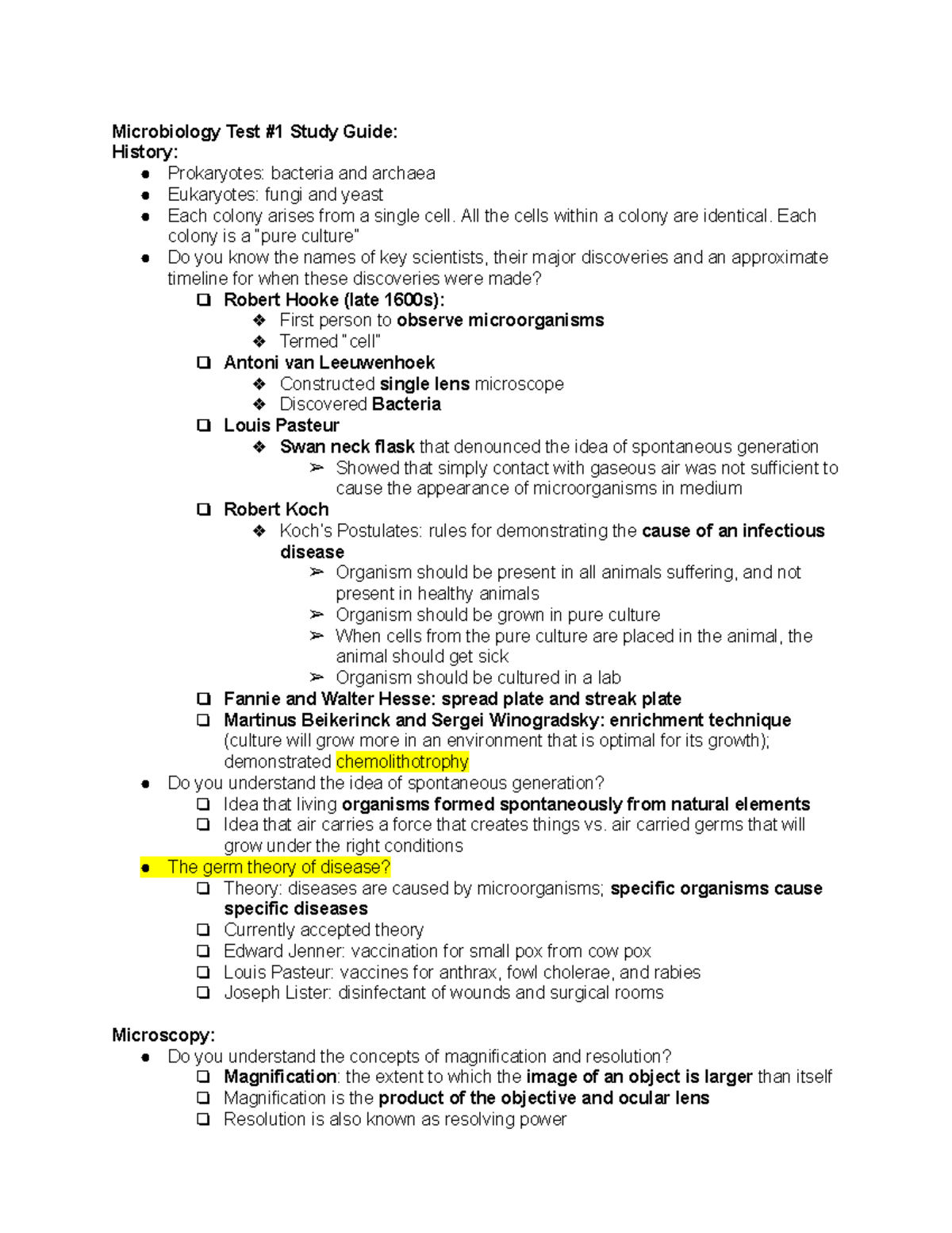 Test 1 Micro Study Guide - Google Docs - Microbiology Test #1 Study ...