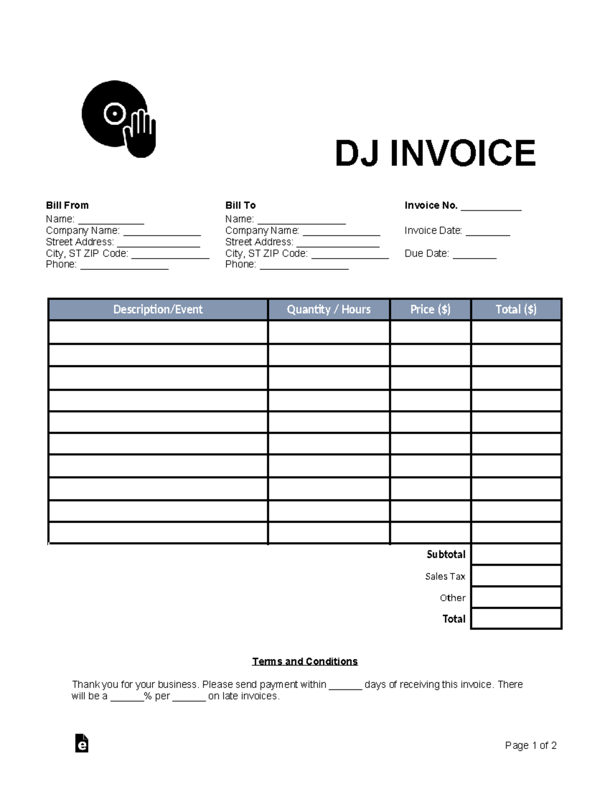 DJ Invoice Template for Event Billing - DJ INVOICE Bill From Name ...