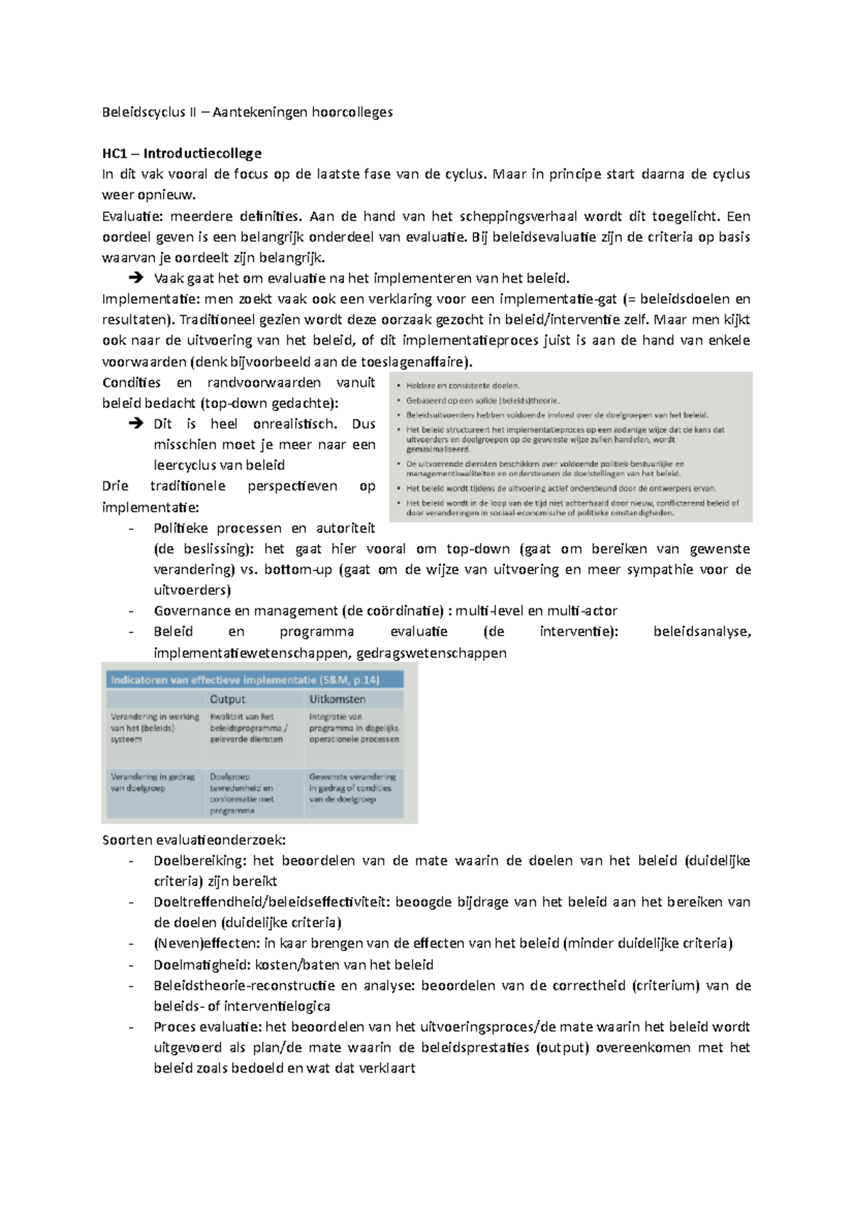 Aantekeningen hoorcollege De beleidscyclus II Implementatie en ...