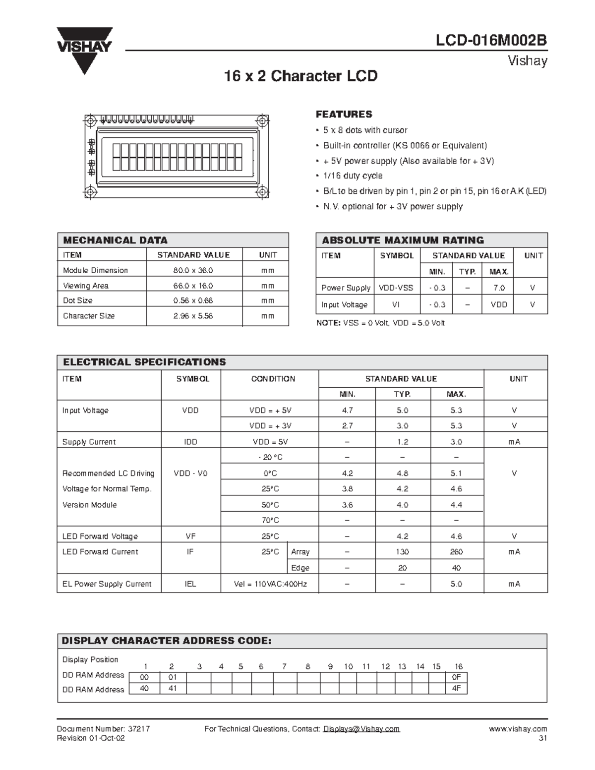 LCD 16x2 - lcd module datasheet - vishay 31 LCD-016M002B Vishay ...
