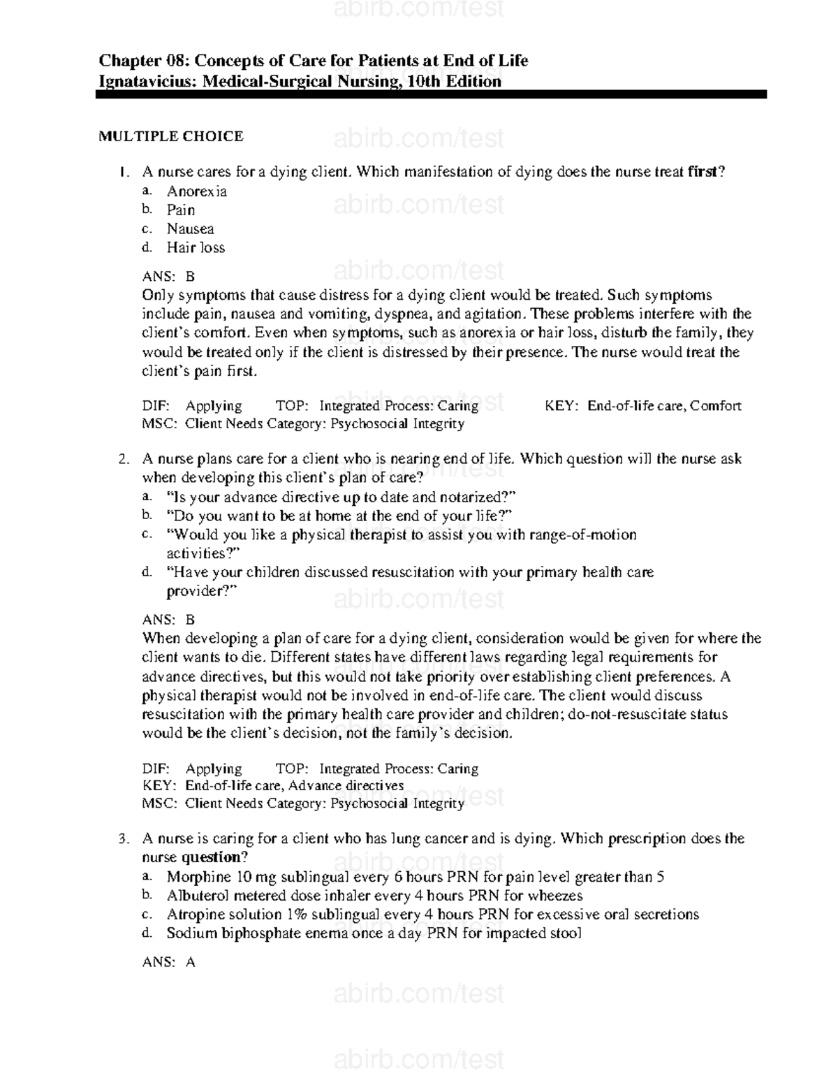 8 - med surg practice - Chapter 08: Concepts of Care for Patients at ...