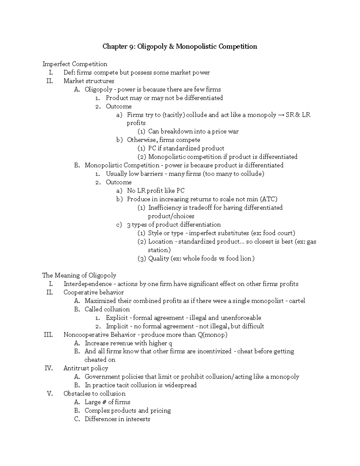 ECON 224 - Chapter 9 (Oligopoly and Monopolistic Competition) - Chapter ...