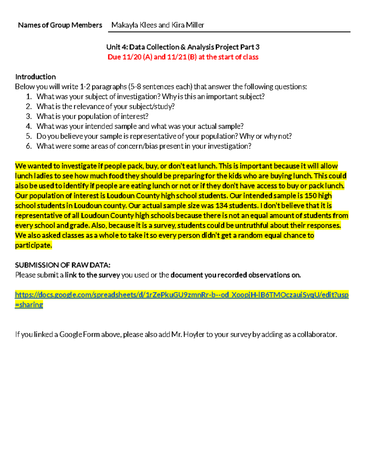 Copy of Unit 4 Data Collection & Analysis Project Part 3 - Names of ...