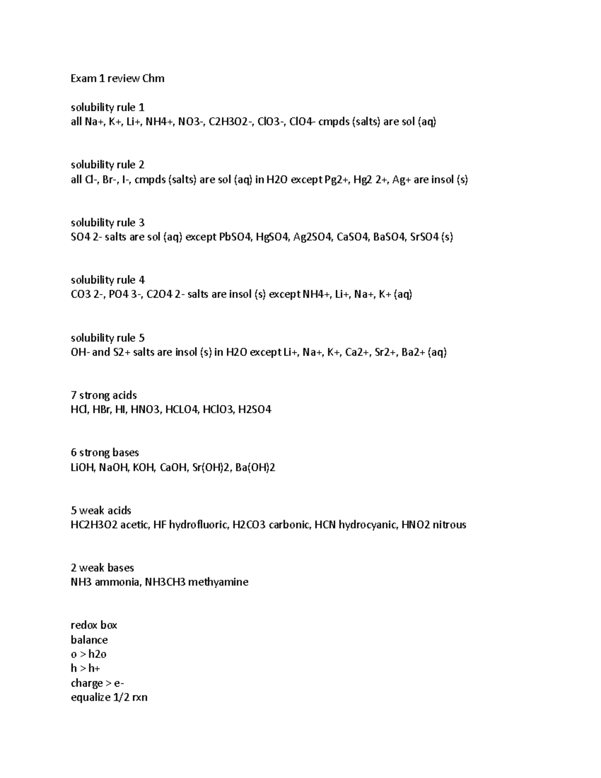Exam 1 review Chm - Exam 1 review Chm solubility rule 1 all Na+, K+ ...