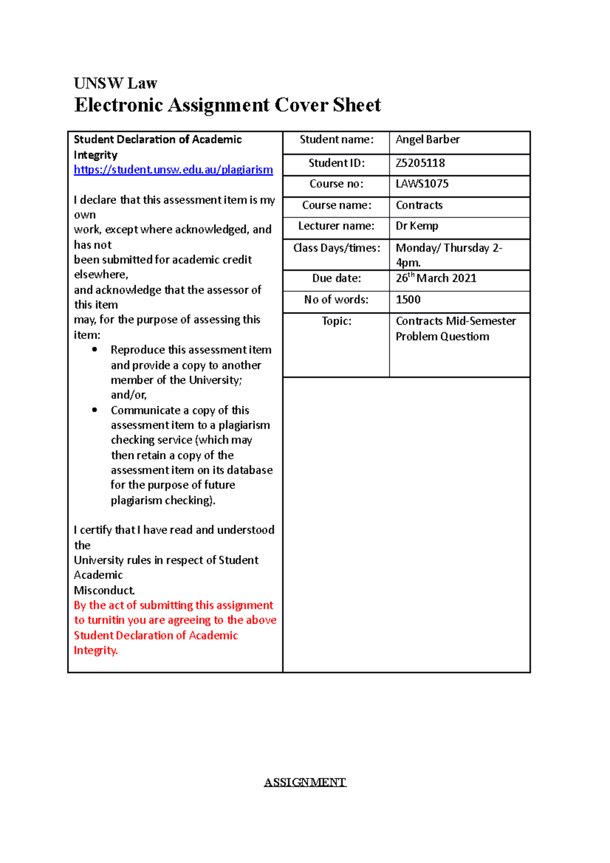 Mid Sem Contracts Exam (Distinction mark) - UNSW Law Electronic ...