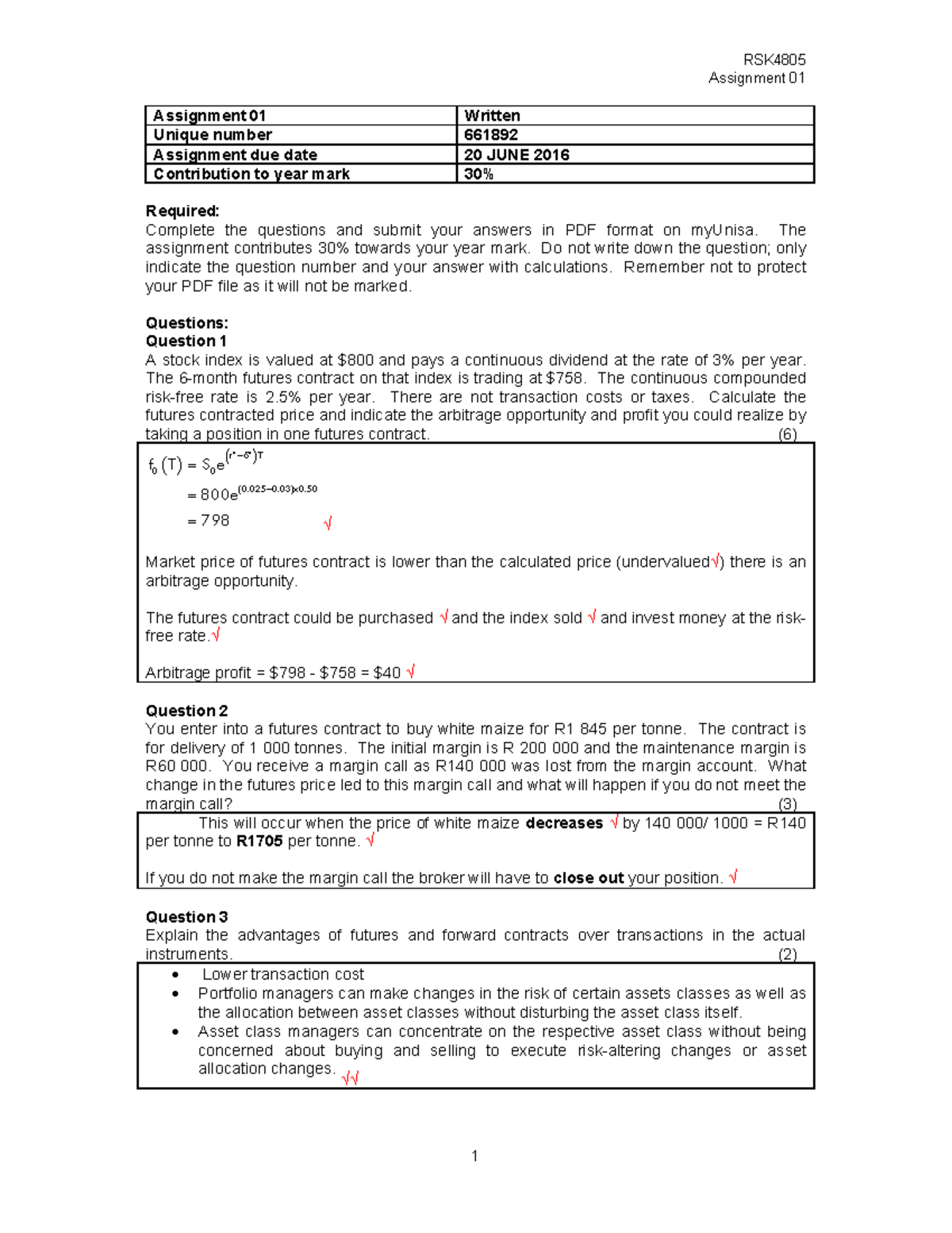RSK4805 Assignment 01 Answers - Assignment 01 Assignment 01 Written Unique number 661892 ...
