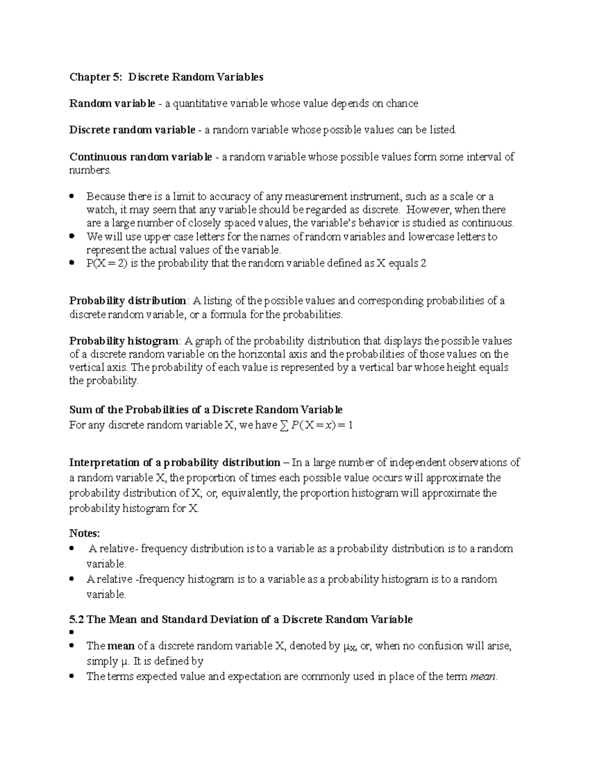 STA 270 Chapter 5 - Discrete Random Variable - Chapter 5: Discrete Random Variables Random ...