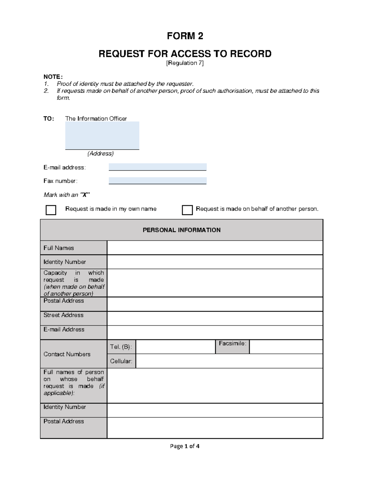 Form 2- Request for Access to Record - FORM 2 REQUEST FOR ACCESS TO RECORD [Regulation 7] NOTE ...