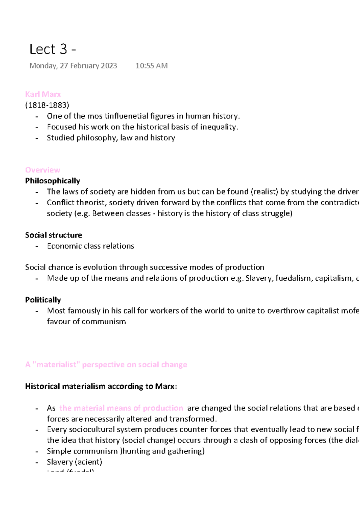 Lect 3 Karl Marx - Lecture notes for SOCI201 on Karl Marx - Karl Marx ...