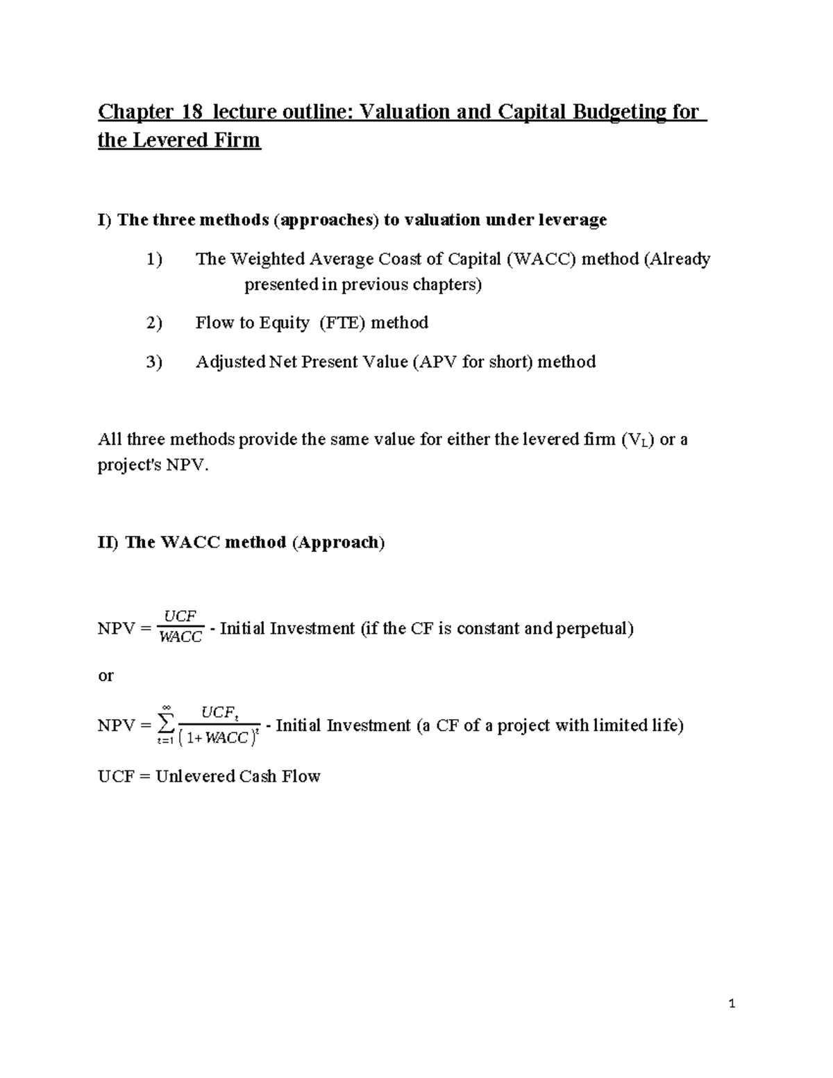 Chapter 18 lecture outline F2023 - Chapter 18 lecture outline: Valuation and Capital Budgeting ...