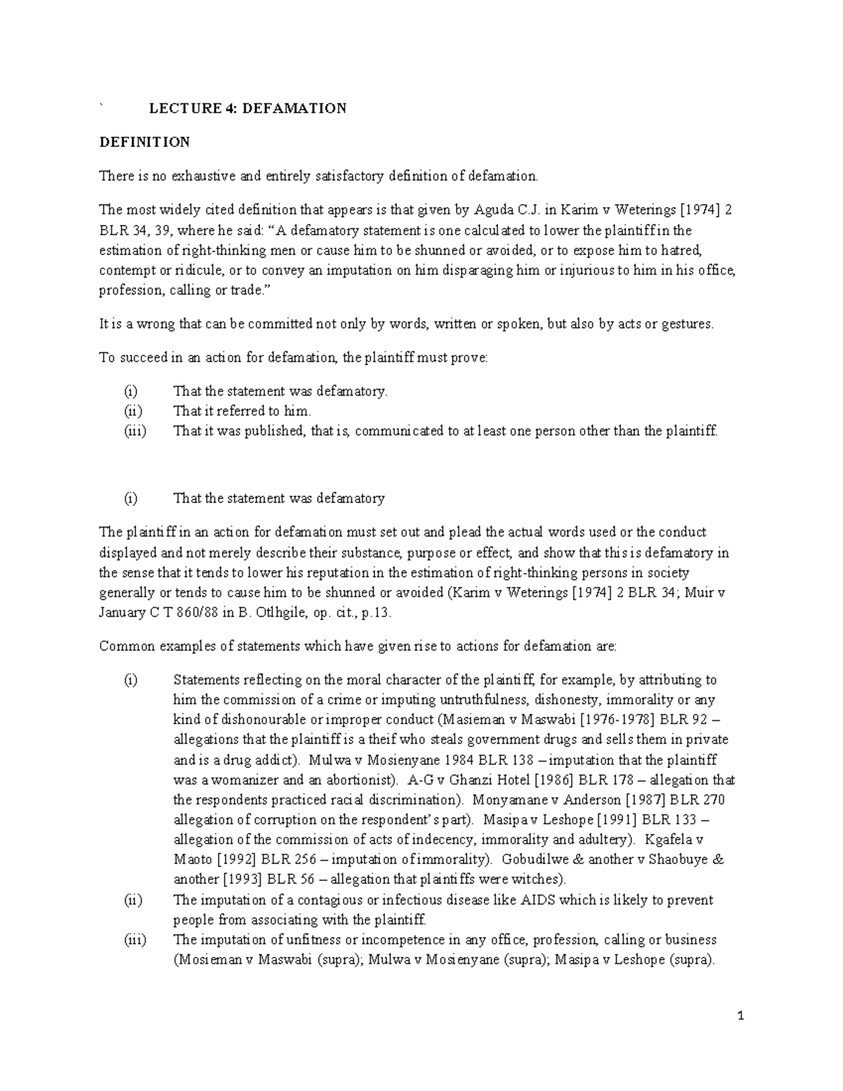 Lecture IV Defamation - Summary Delict - ` LECTURE 4: DEFAMATION ...