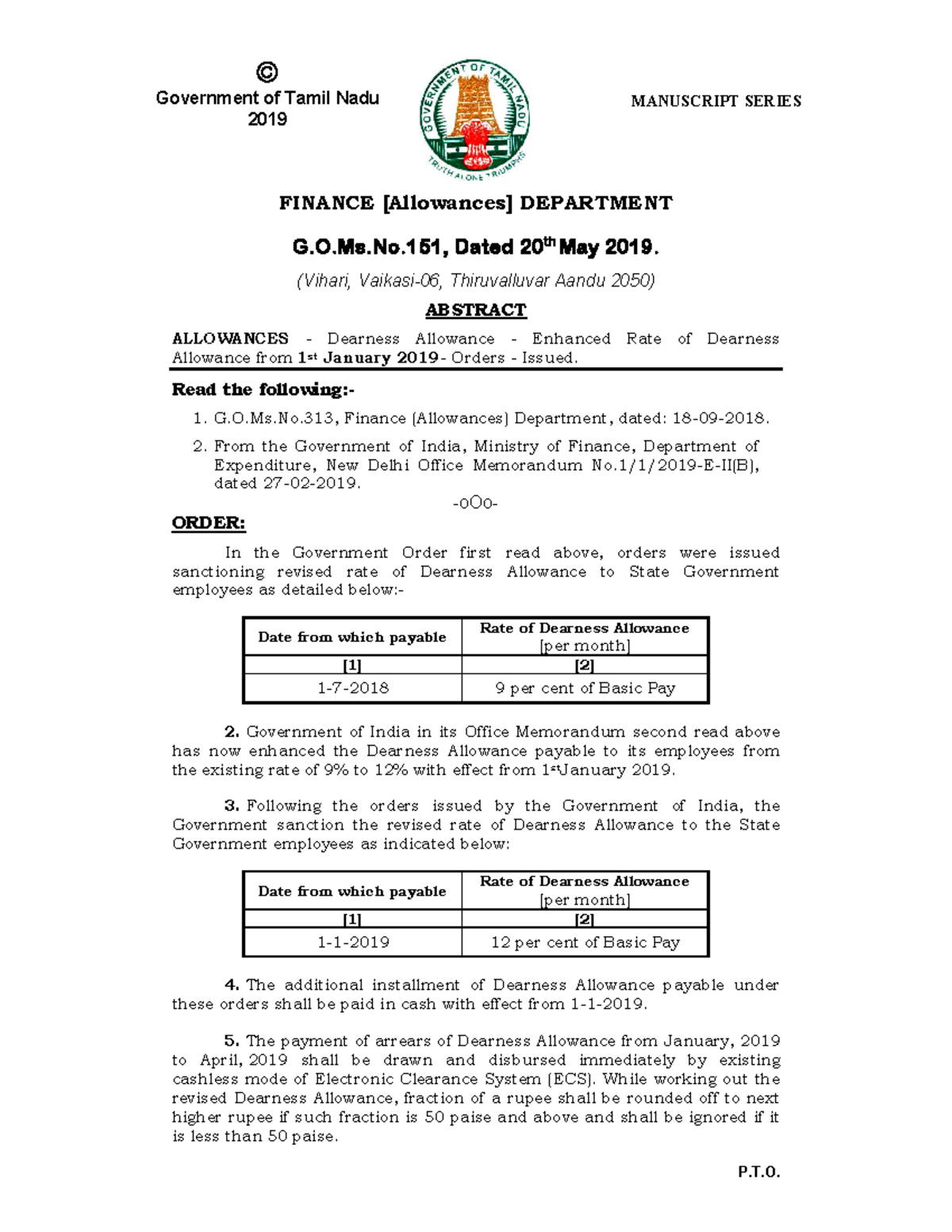 G.O.MS.NO.151 - Dated 20TH MAY 2019 - Dearness Allowance - Enhanced ...