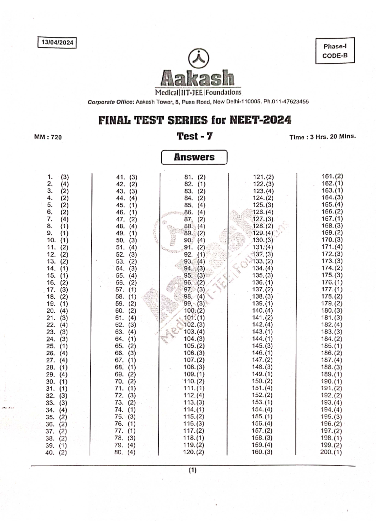 FTS -07 (Code-B) Answer keys - Aakash Medical Foundations Corporate ...