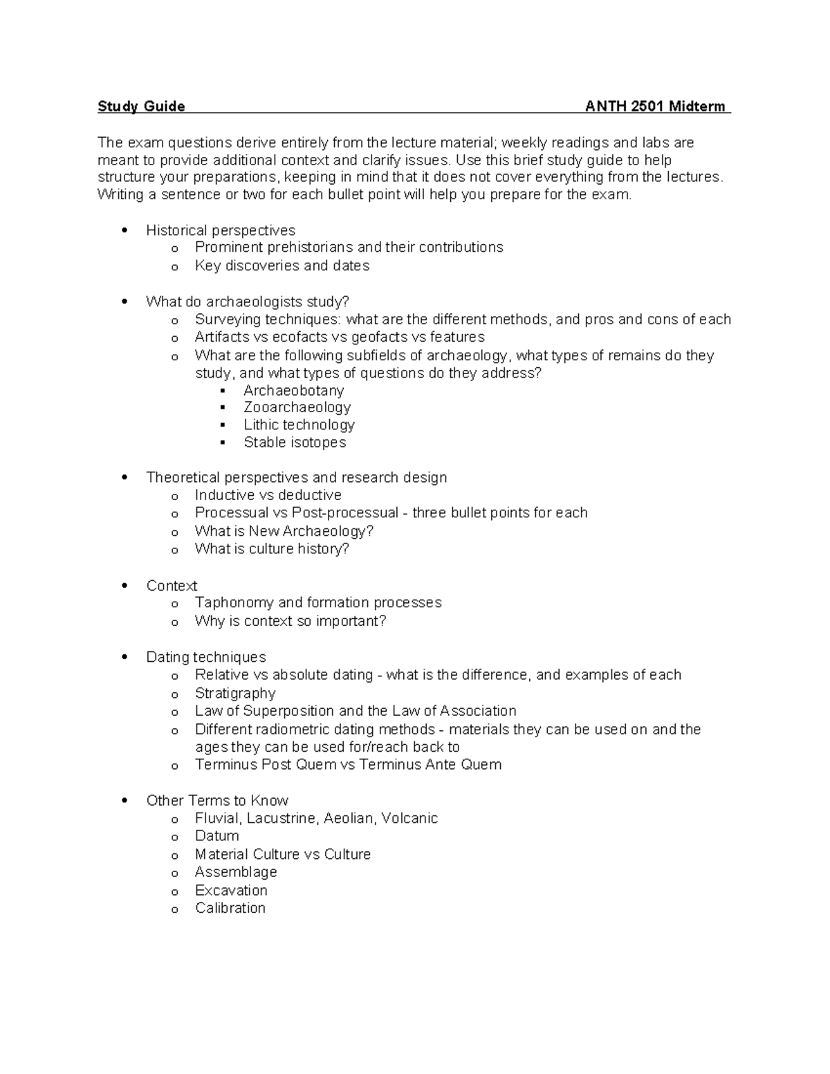 Midterm Study Guide - Study Guide ANTH 2501 Midterm The exam questions derive entirely from the ...
