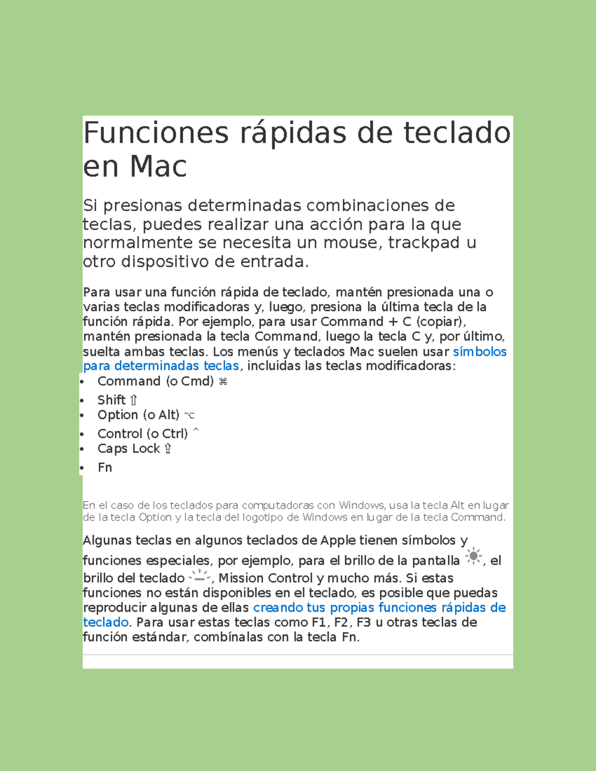 Funciones rápidas de teclado en Mac - Funciones rápidas de teclado en Mac Si presionas ...